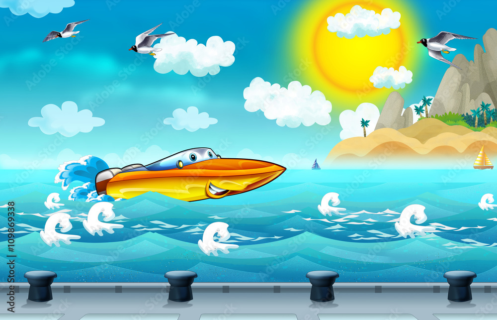 Cartoon scene with motorboat is going into the port - illustration for ...
