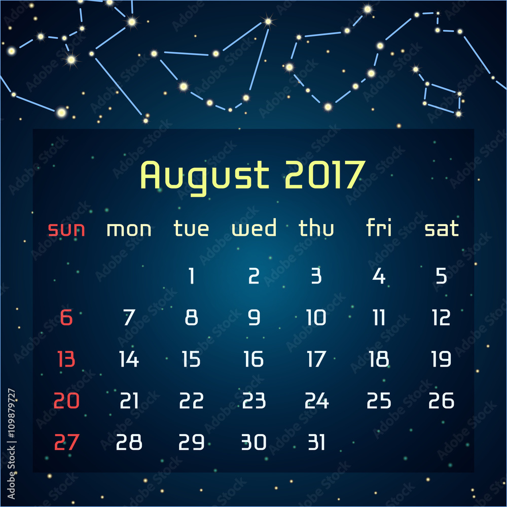 Vector calendar for 2017 in the space style. Calendar for the month of ...
