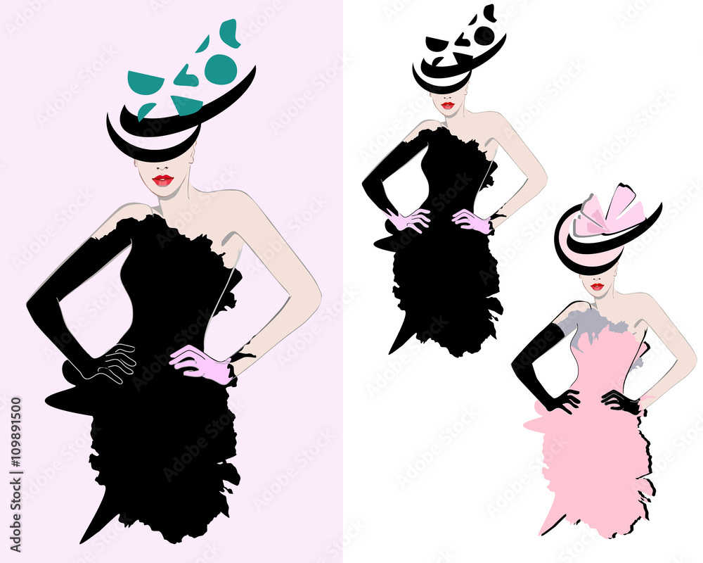 Abstract watercolor portrait of a girl (model) in a black dress and ...