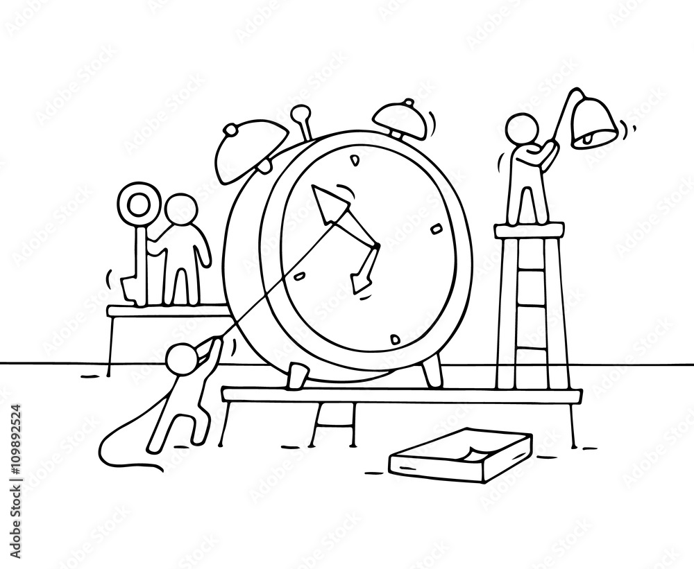 Sketch of alarm clock with working little people. Doodle cute miniature ...