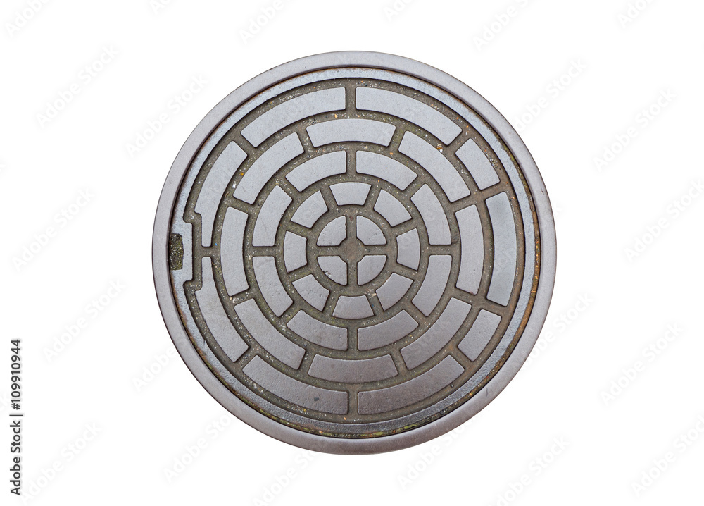 Circle steel manhole cover or drain lid isolated on white backgr Stock ...