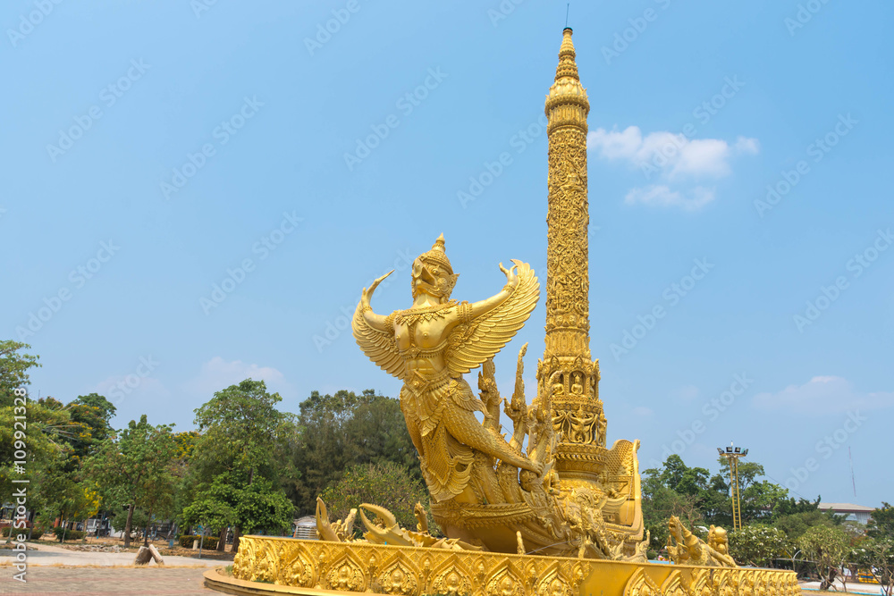 Gold garuda carving on the ship at Thung Sri Muang park in Ubon ...