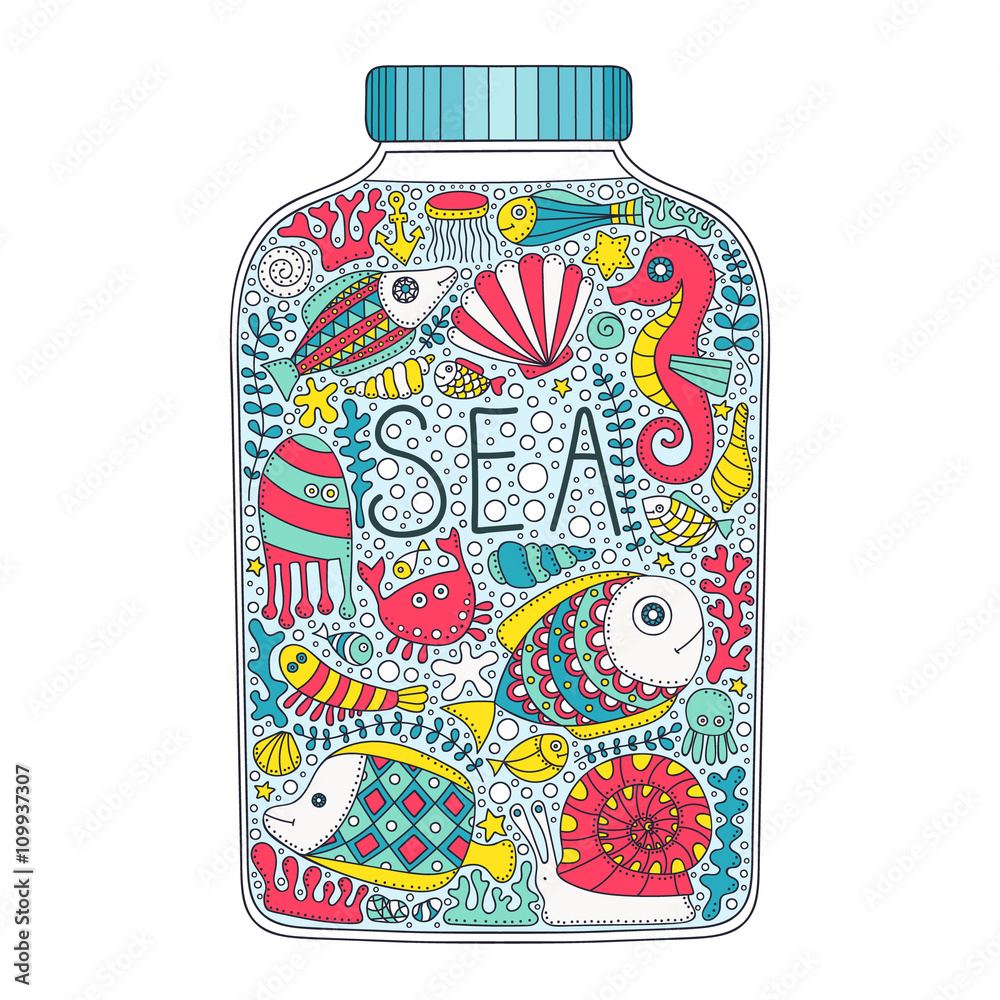 Sea jar. Vector doodle bottle with sea elements - fish, crab, bubbles ...