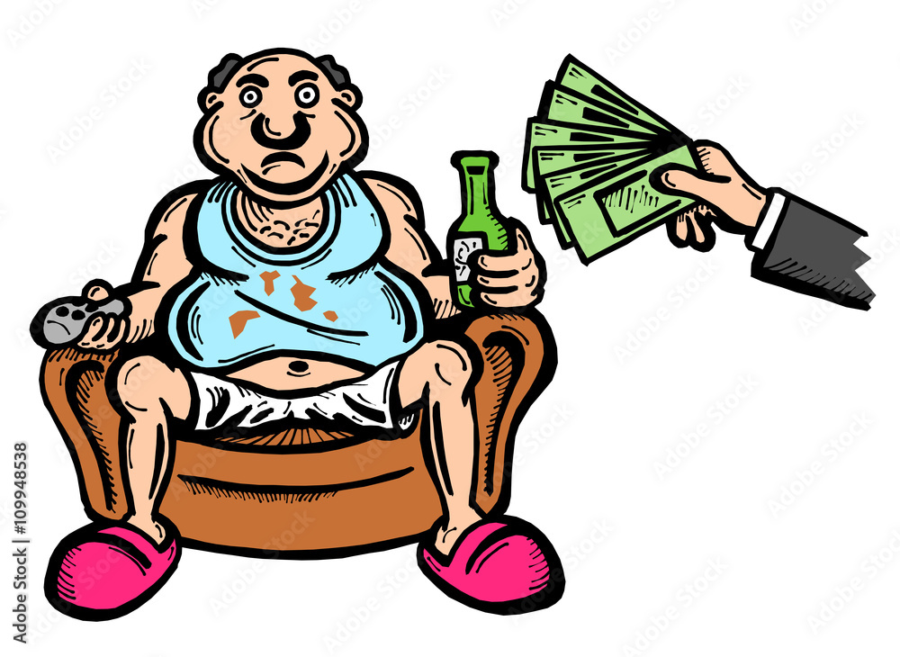 Unconditional Basic Income - fat unemployed man is sitting in the chair ...