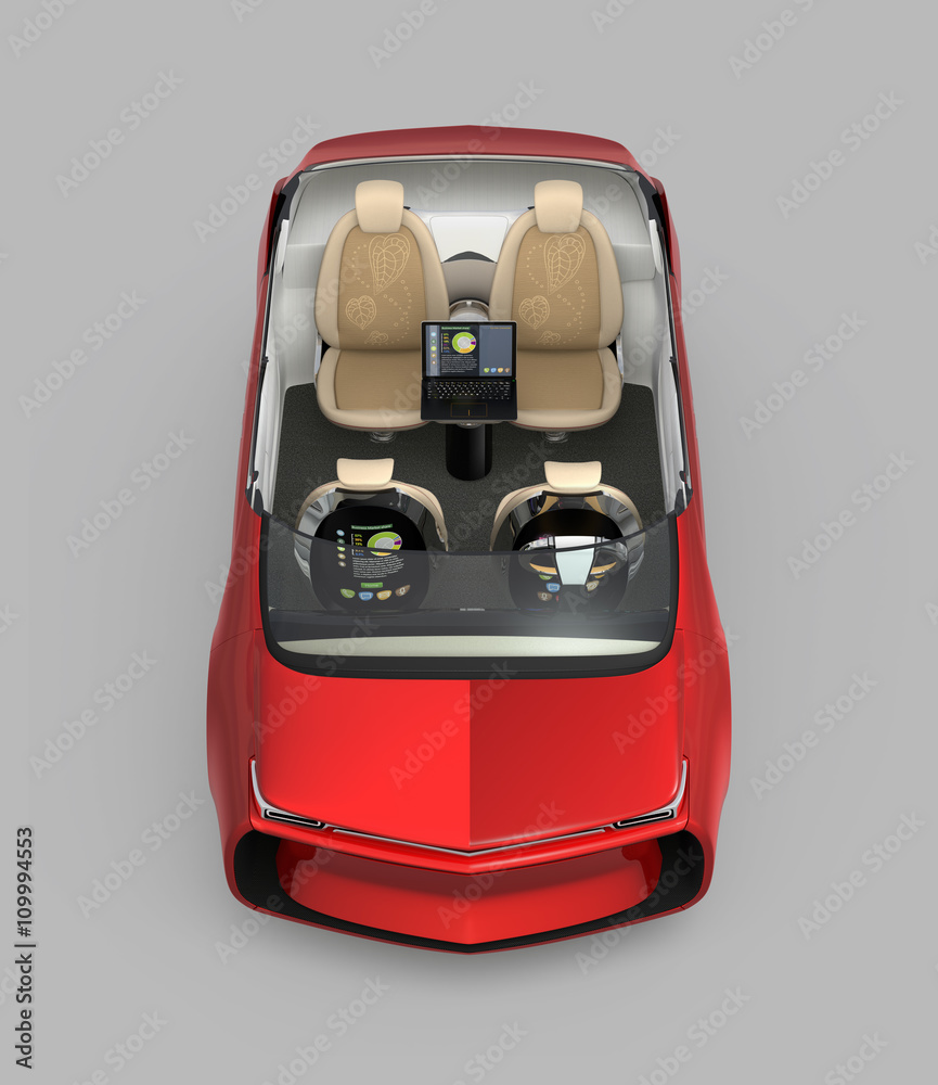 Front view of self-driving car cutaway image. Front seats turned ...