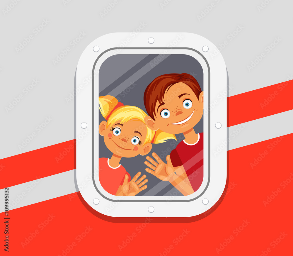 Children looking from window of plane. Vector flat cartoon illustration ...