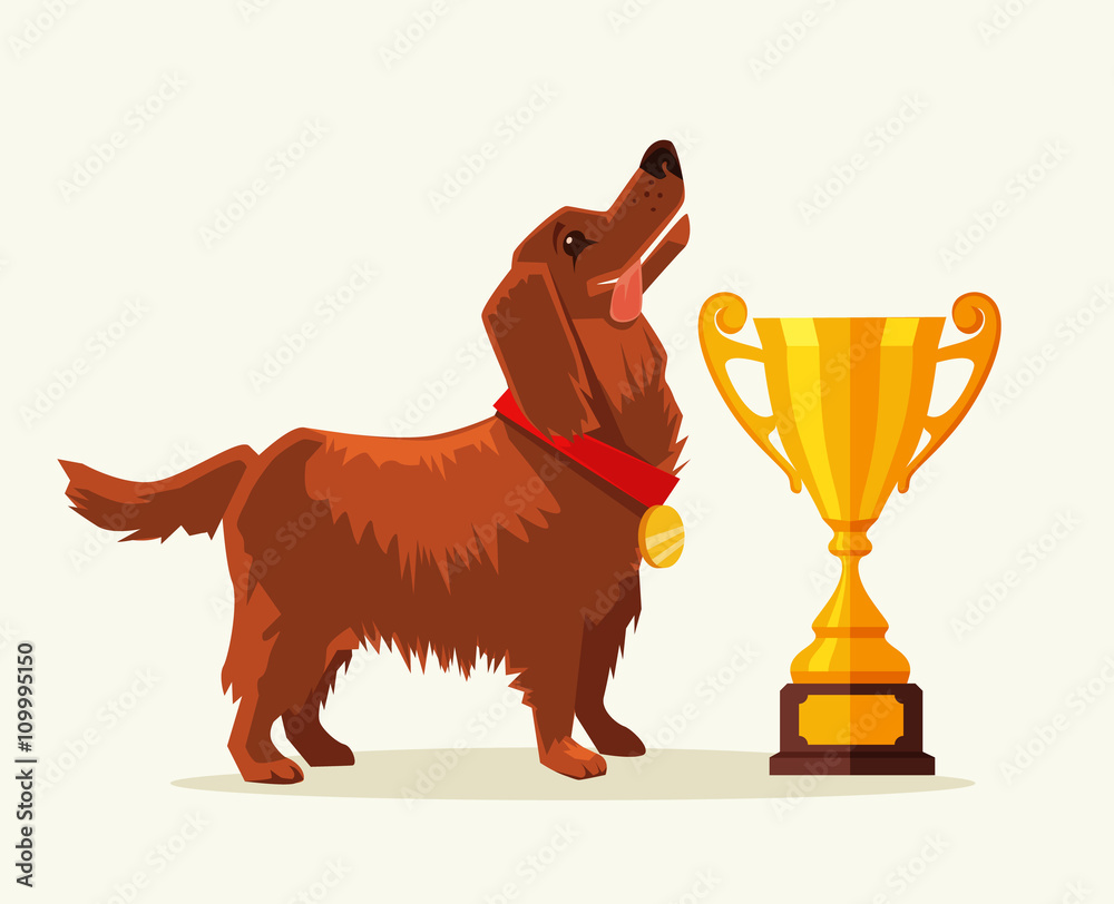 Dog champion with gold cup. Vector flat cartoon illustration Stock ...