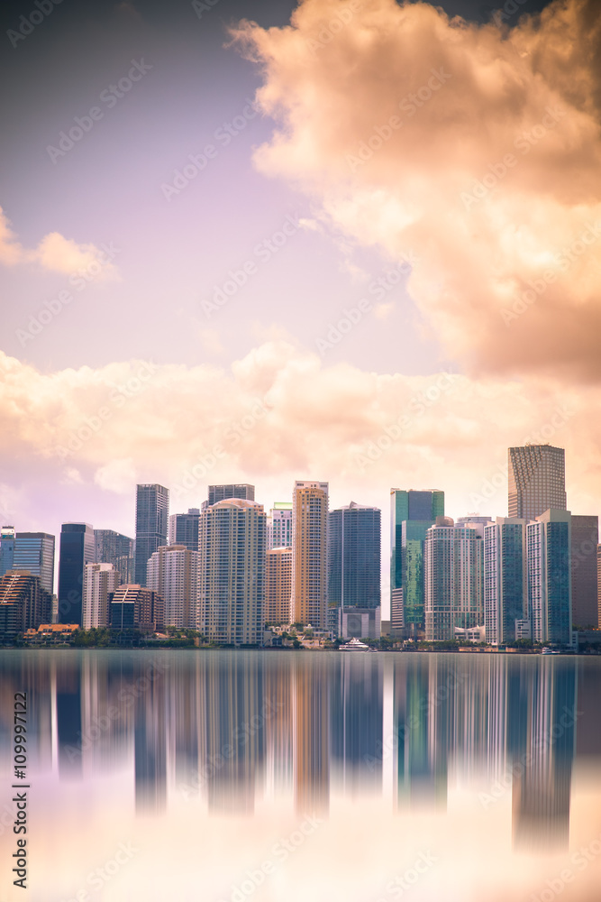 Miami skyline at dusk sunset with reflections Stock Photo | Adobe Stock