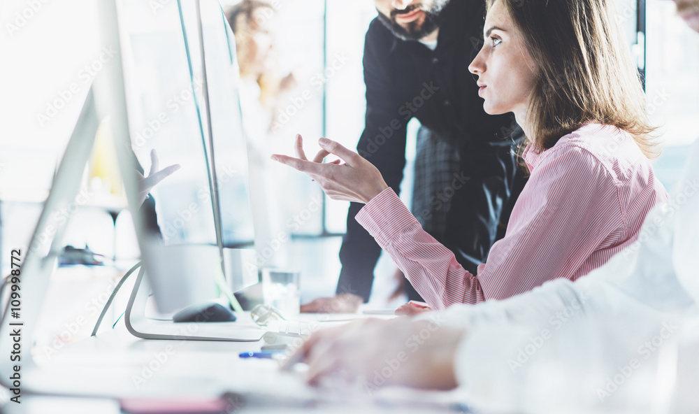 Coworkers working process modern office.Photo project manager team ...