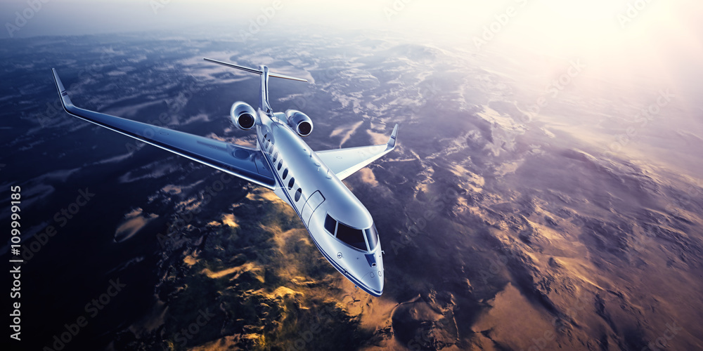 Realistic photo of silver generic design private Jet flying over the ...