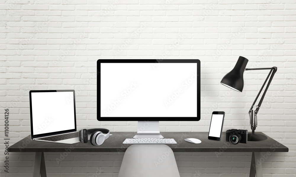 Responsive devices on desk with isolated screen for mockup. Computer ...