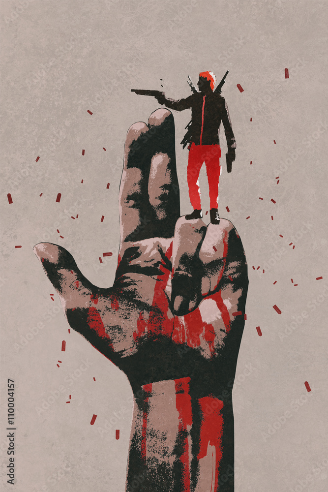 big hand in gun sign with man shooting gun,illustration painting Stock ...