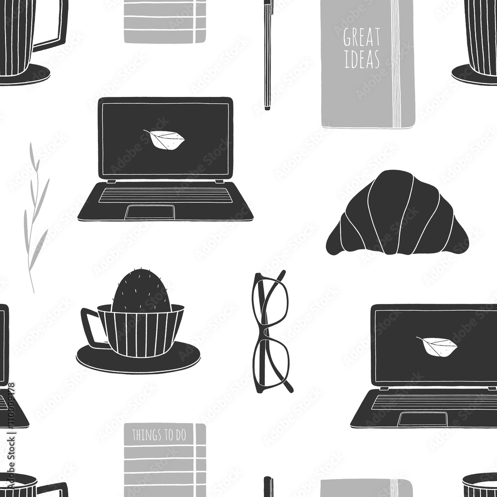 Work space seamless pattern. Hand drawn background with desk essentials ...