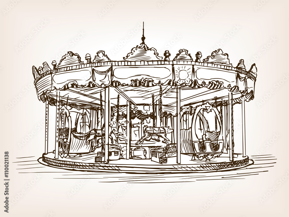 Children carousel sketch style vector illustration Stock Vector | Adobe ...