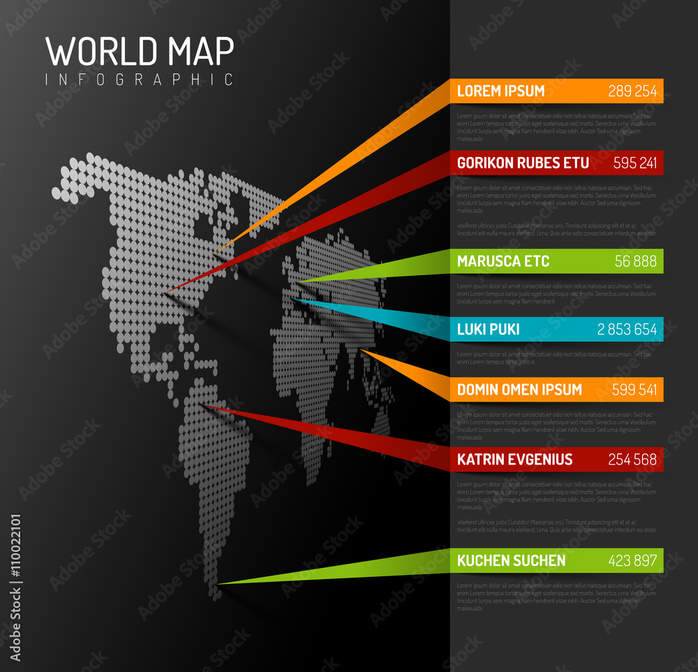 World map infographic template with pointer marks (vertical on the wall ...