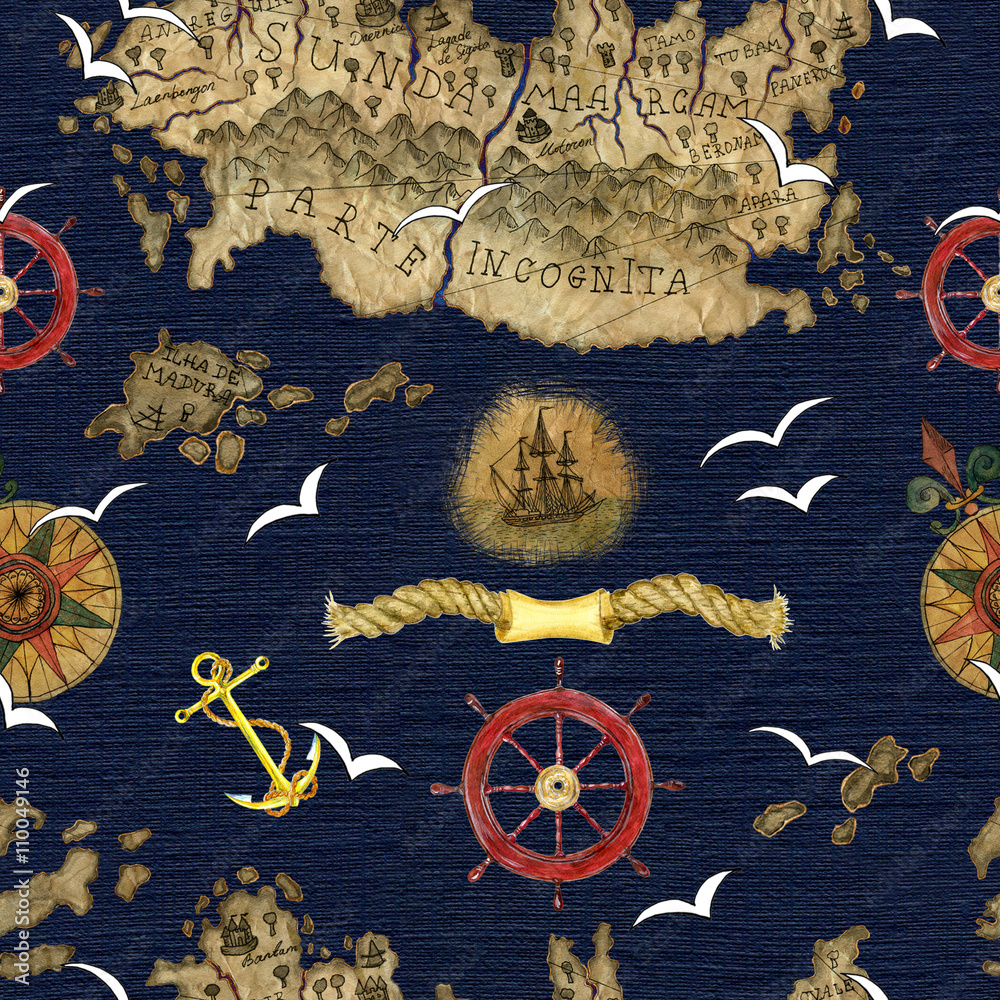 Sea pattern with pirate map details on blue Stock Illustration | Adobe ...