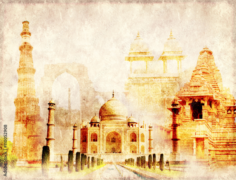 Grunge background with paper texture and landmarks of India Stock Photo ...