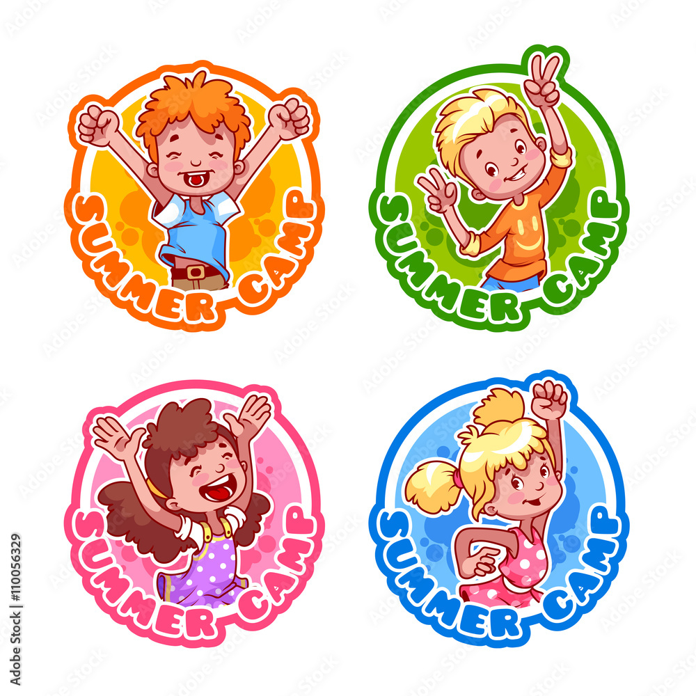 Set of four stickers with happy kids. Stock-Vektorgrafik | Adobe Stock