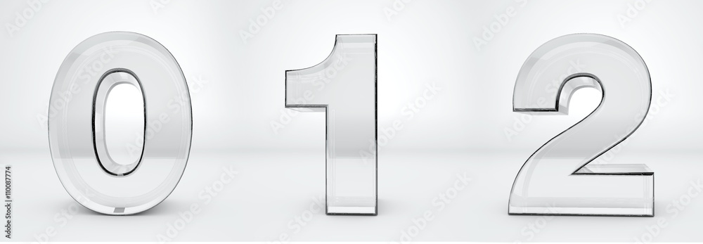 Transparent numbers 0, 1, 2. Glass alphabet 3d render. Path save. Stock ...