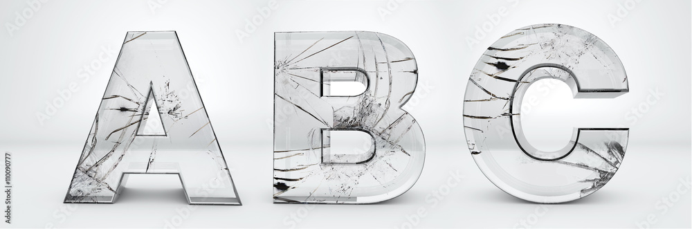 Transparent letters A, B, C. Glass broken alphabet 3d render. Path save ...