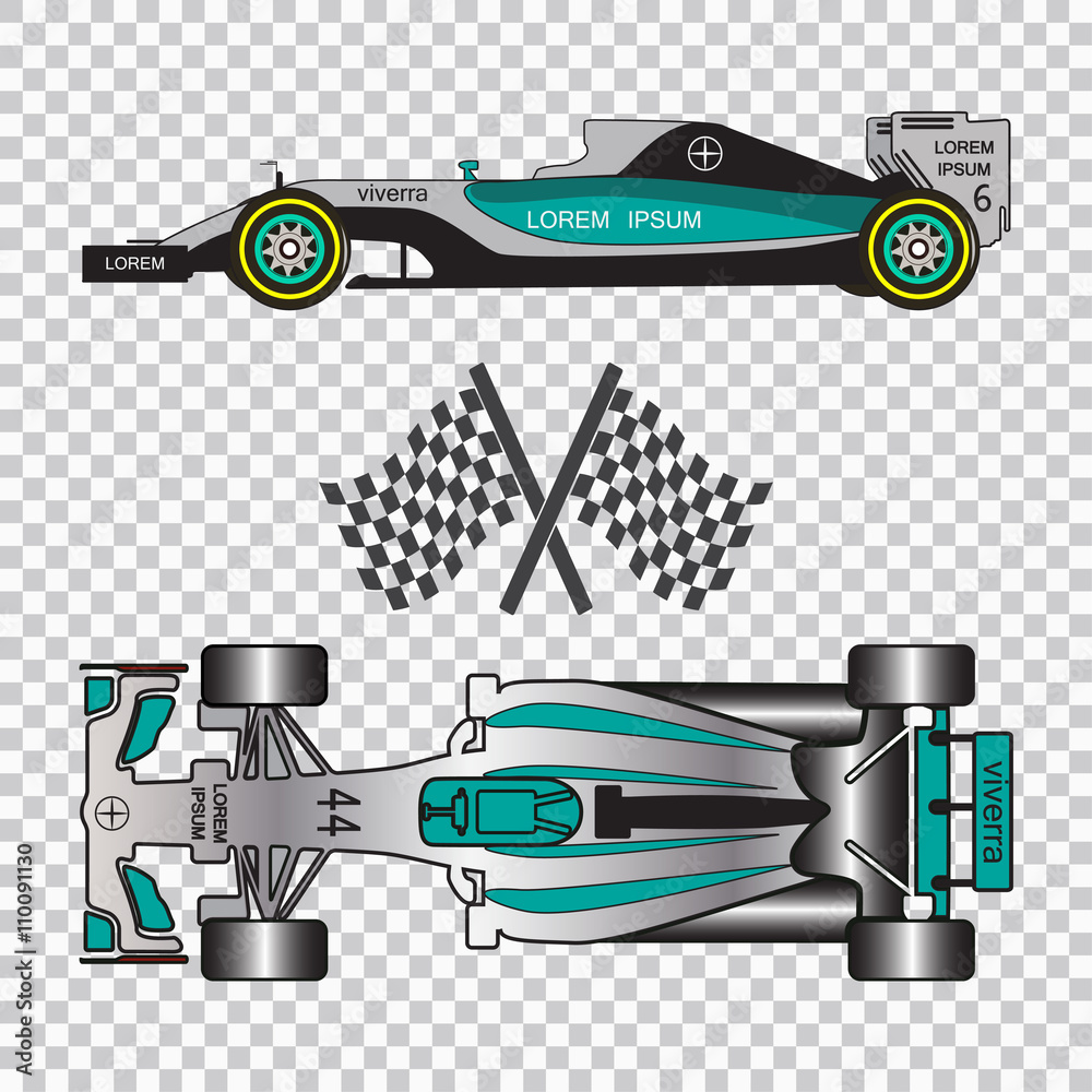 Blue racing car isolated on checkered background. Top view and side ...
