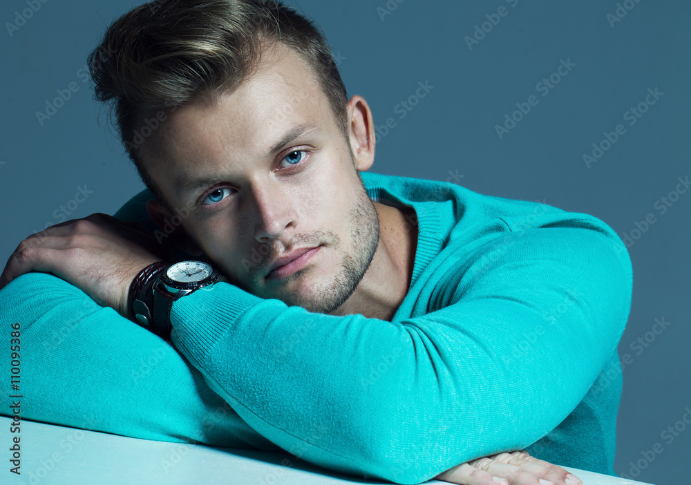 Advertising wrist watch concept. Beautiful (handsome) muscular male ...