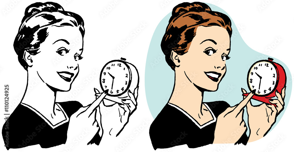 Woman pointing at clock Stock Vector | Adobe Stock
