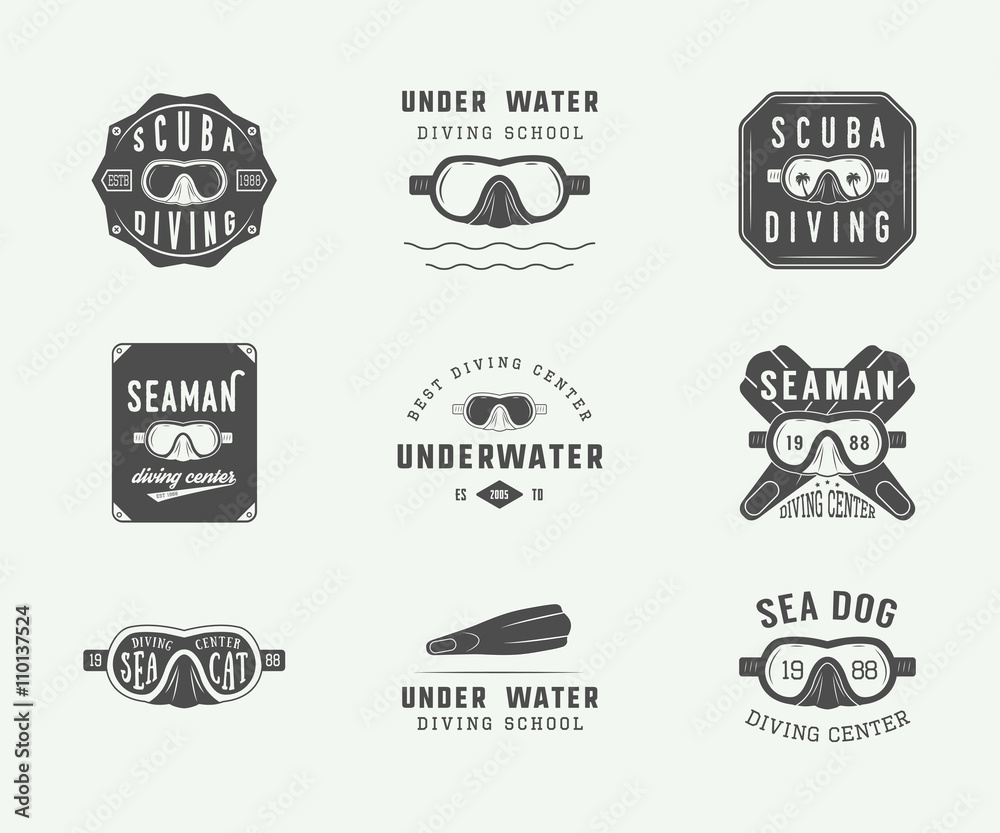 Set of vintage scuba diving logos, labels, badges and emblems. Stock ...