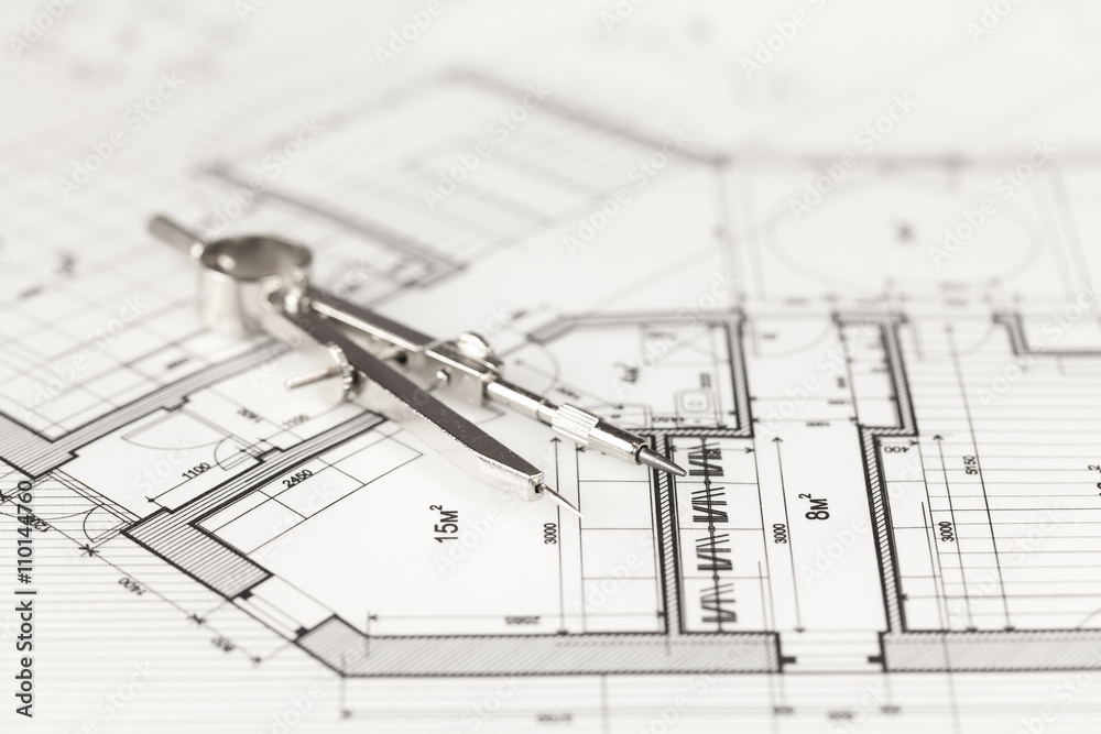 architecture blueprint - house plan & compass Stock Photo | Adobe Stock