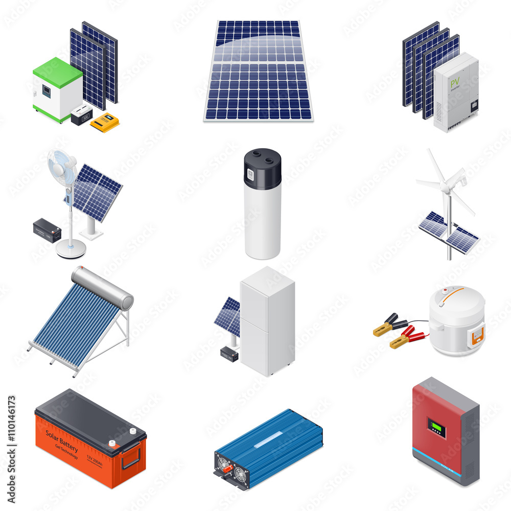 Home solar energy equipment isometric icon set Stock Vector | Adobe Stock