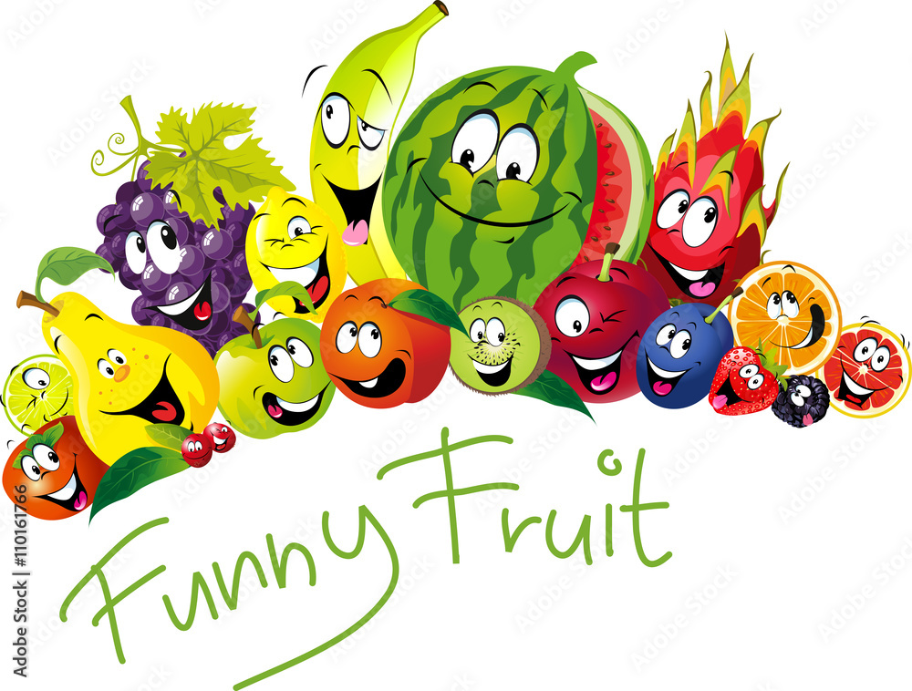 Funny fruit - many fruit with smile and happy face - vector fruit ...