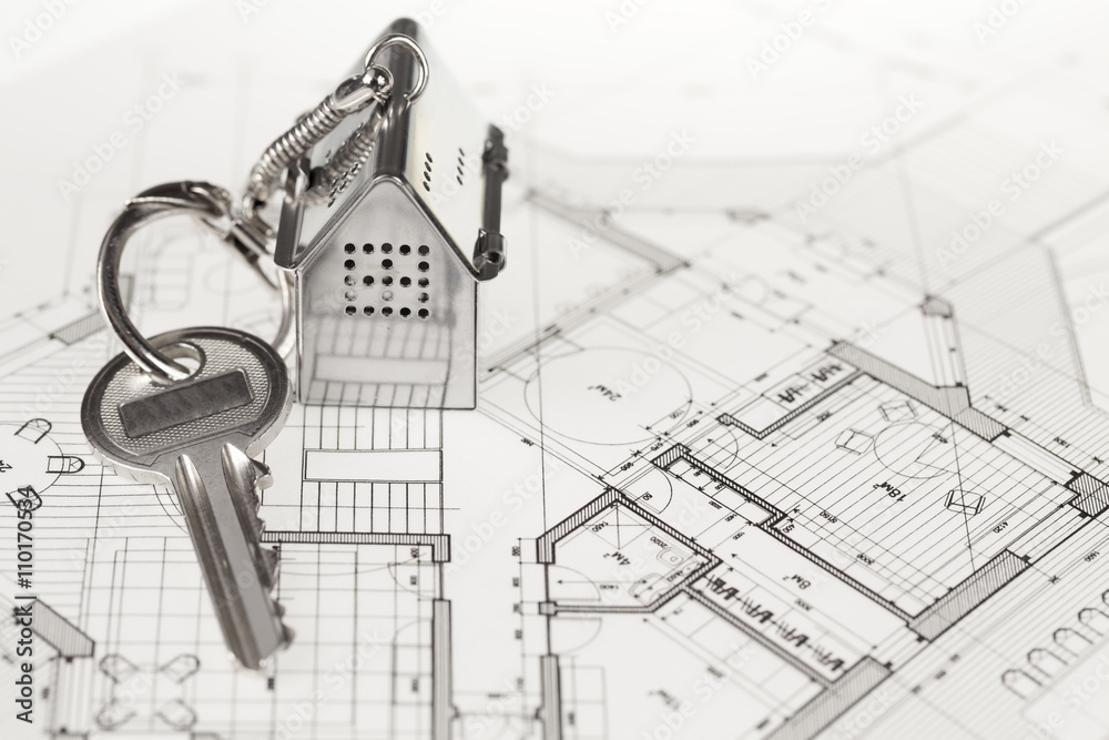 key with keychain in the form of a silver-colored house on a background ...