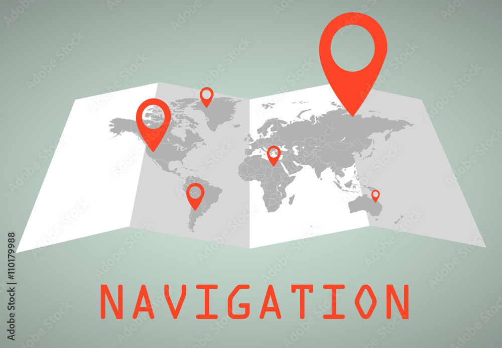navigation map with the world map inside and red points Stock Vector ...