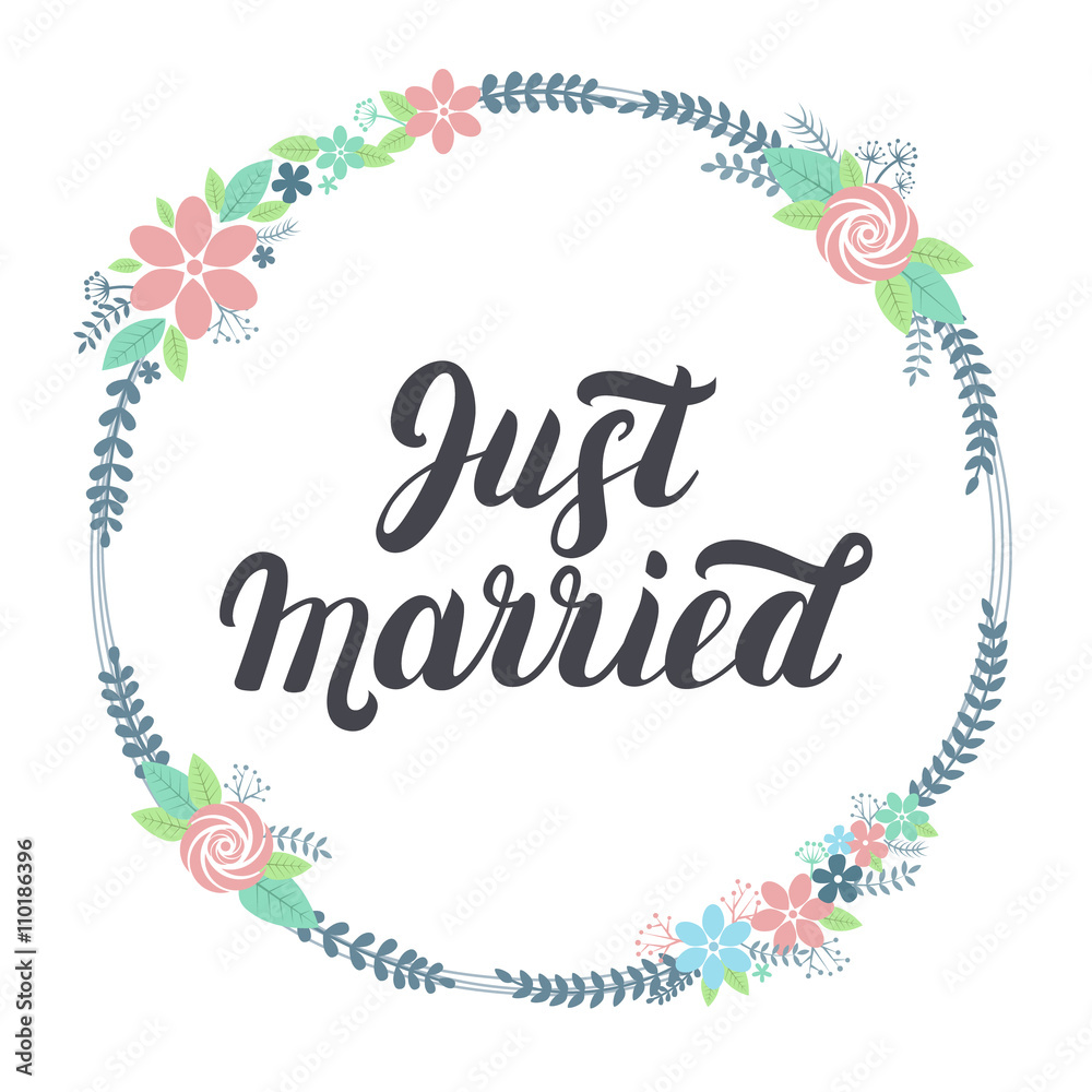 Just married lettering with floral wreath. Stock Vector | Adobe Stock