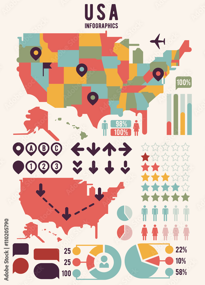 United States of America USA map with infographics elements Stock ...