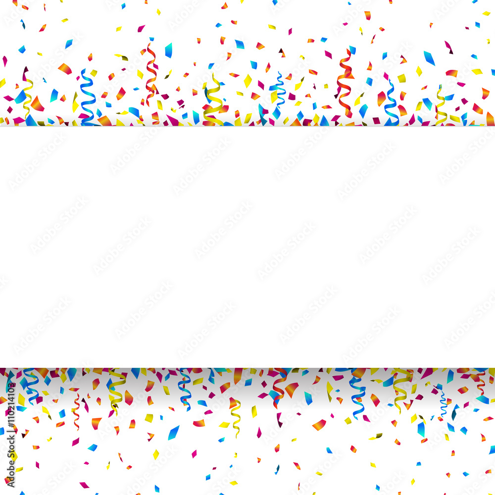 White banner with colorful confetti and party ribbons. Vector ...