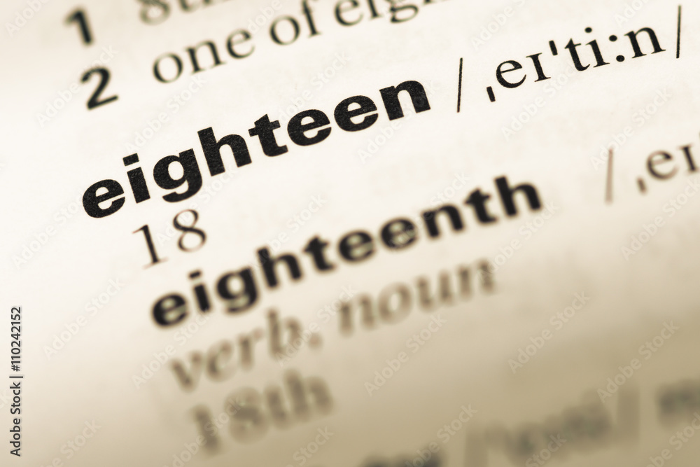 Close up of old English dictionary page with word eighteen Stock Photo ...