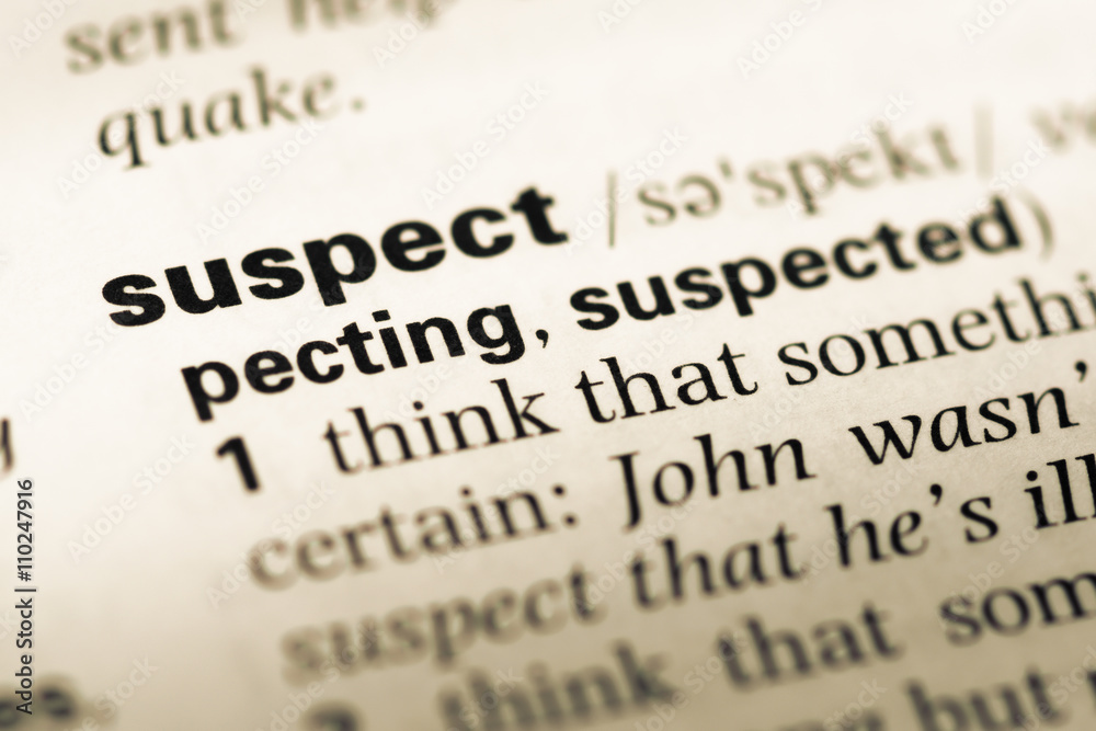 Close up of old English dictionary page with word suspect Stock Photo ...