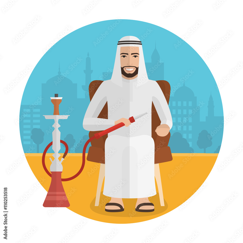 Vector arabian man smoking hookah. Smoking cartoon man sitting in an ...