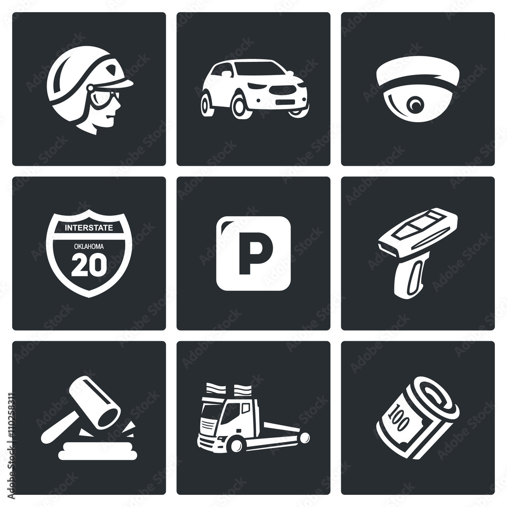 Vector Set of Road Patrol Police Icons. Cop, Car, CCTV, Sign, Parking ...