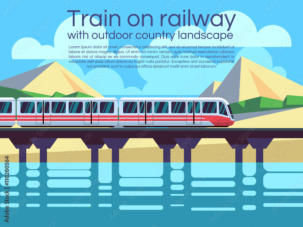 Train on railway with outdoor country landscape. Vector travel concept ...