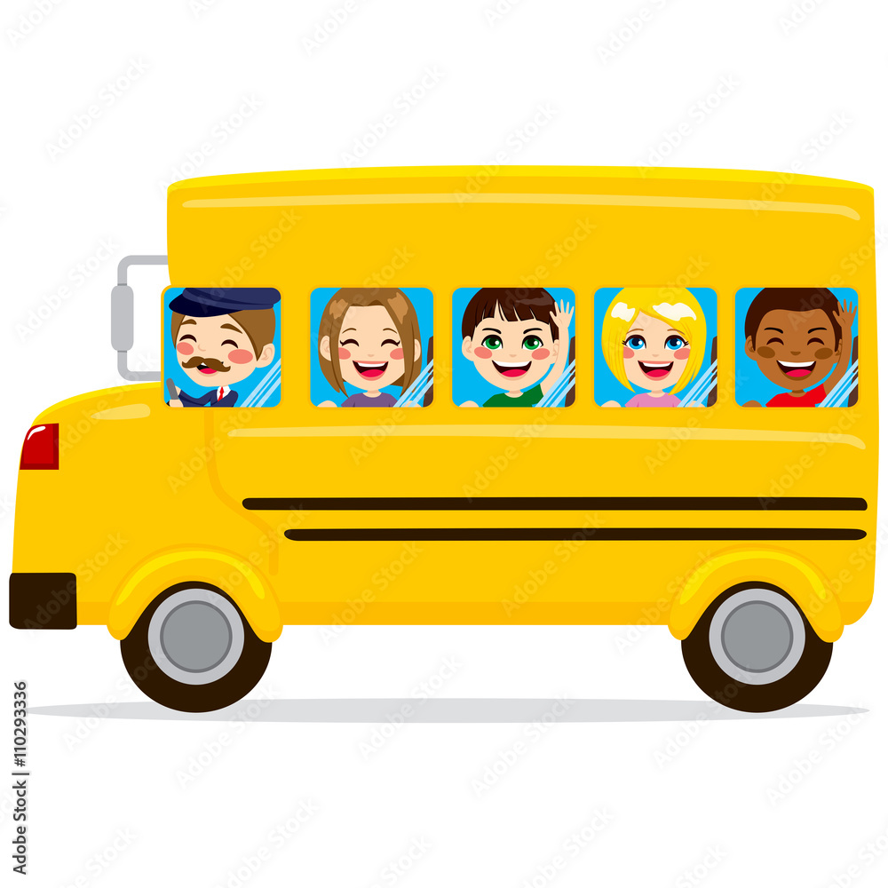 Illustration of school bus with cute happy kids and driver Stock Vector ...