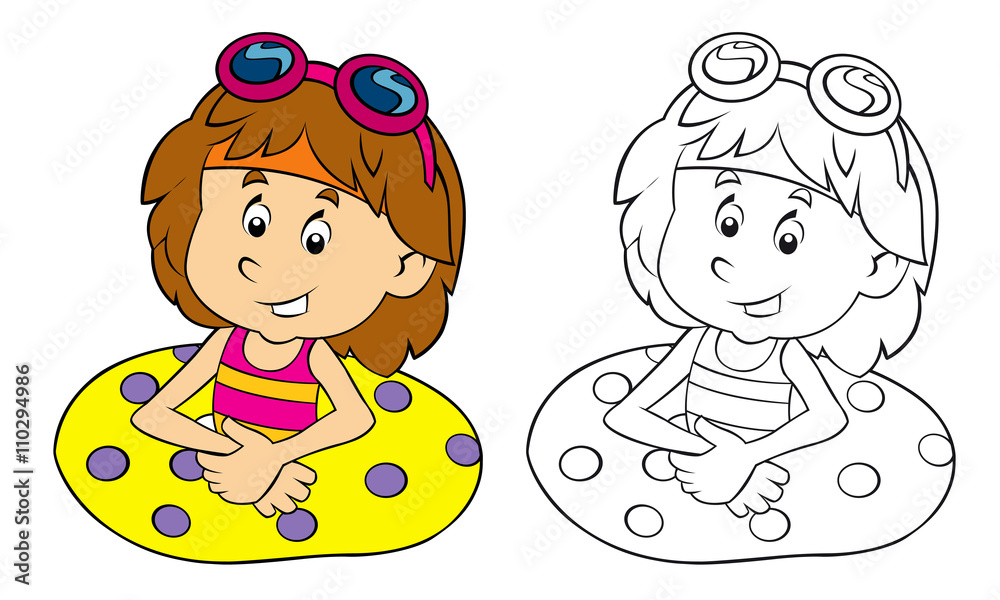 Cartoon child having fun swimming - with coloring page - illustration ...