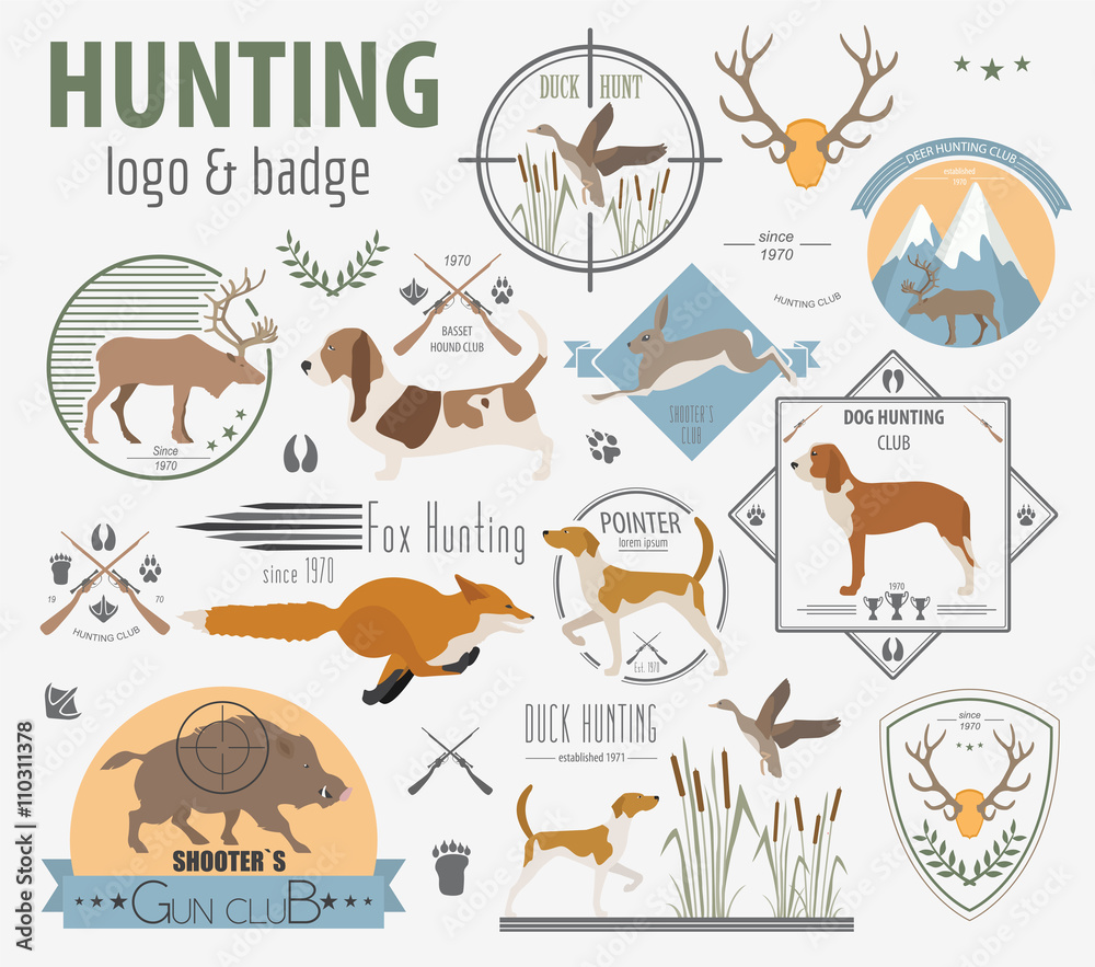 Hunting logo and badge template. Dog hunting, equipment. Flat d Stock ...