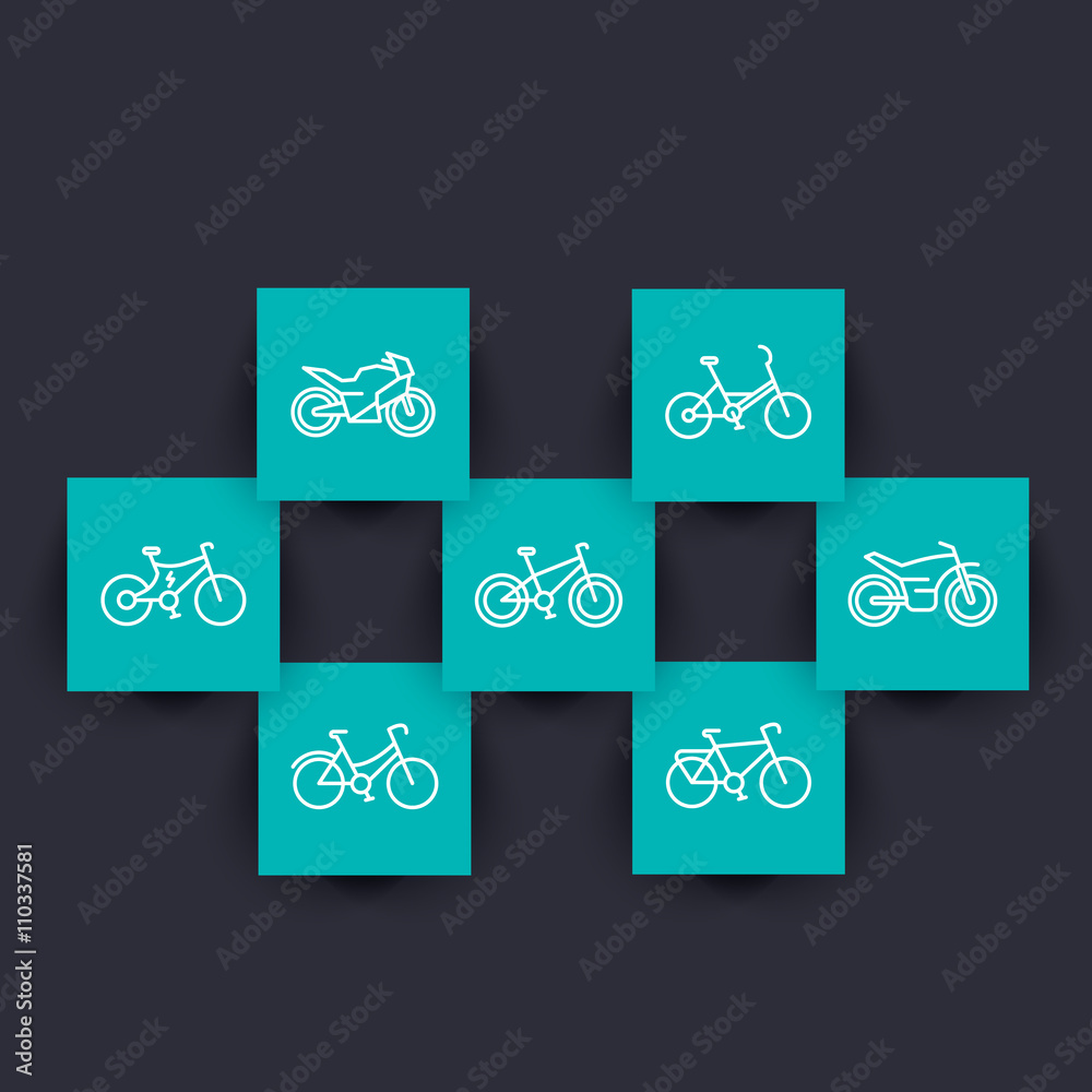 Bikes linear icons on square shapes, bicycle vector sign, cycling ...