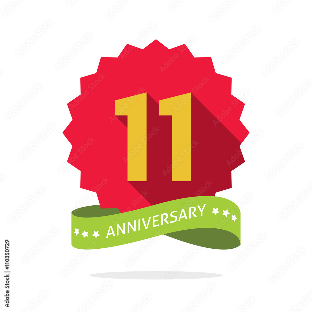 11th anniversary badge with shadow on red starburst and yellow number ...