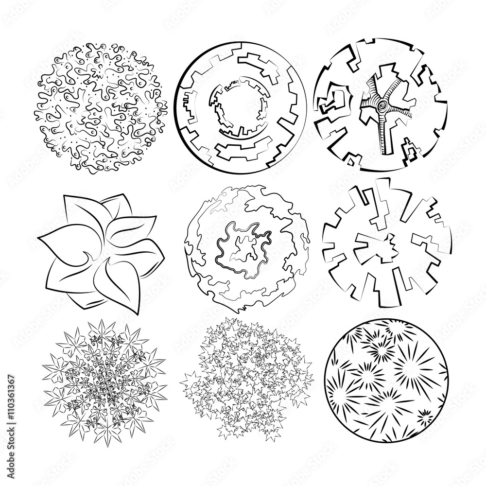 Set of schematic image of top view plants for drawing in landscape ...