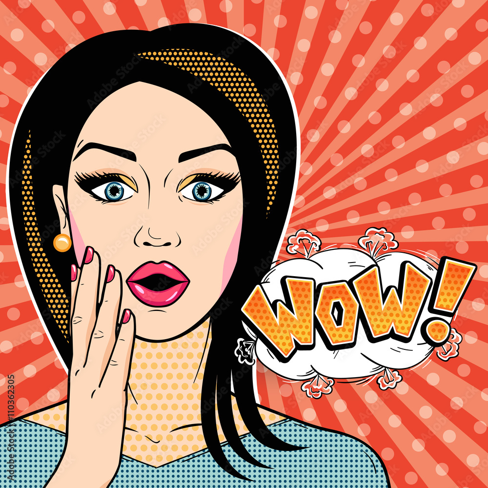 Modern Woman Surprised Face With Wow Word Bubble In Pop Art Comic Style