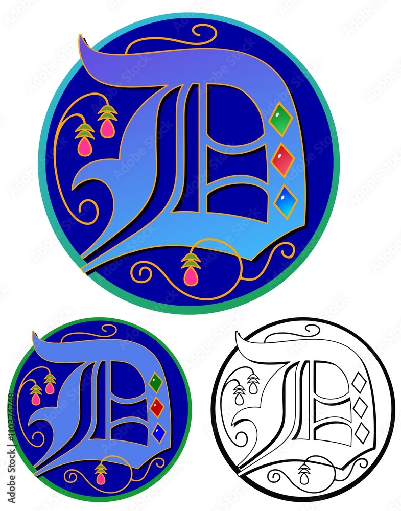 Ornate monogram initial with flat and black outline versions, Letter D ...