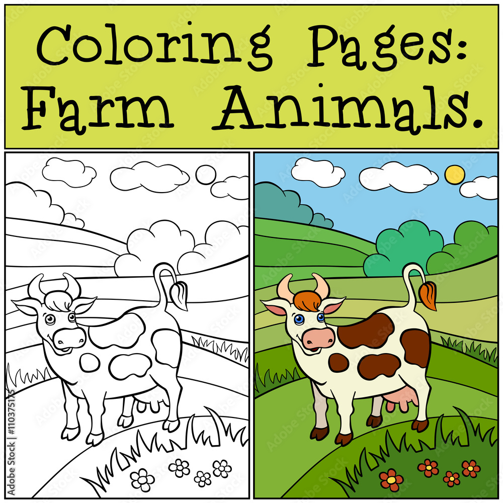 Coloring Pages: Farm Animals. Cute cow stands on the field and s Stock ...